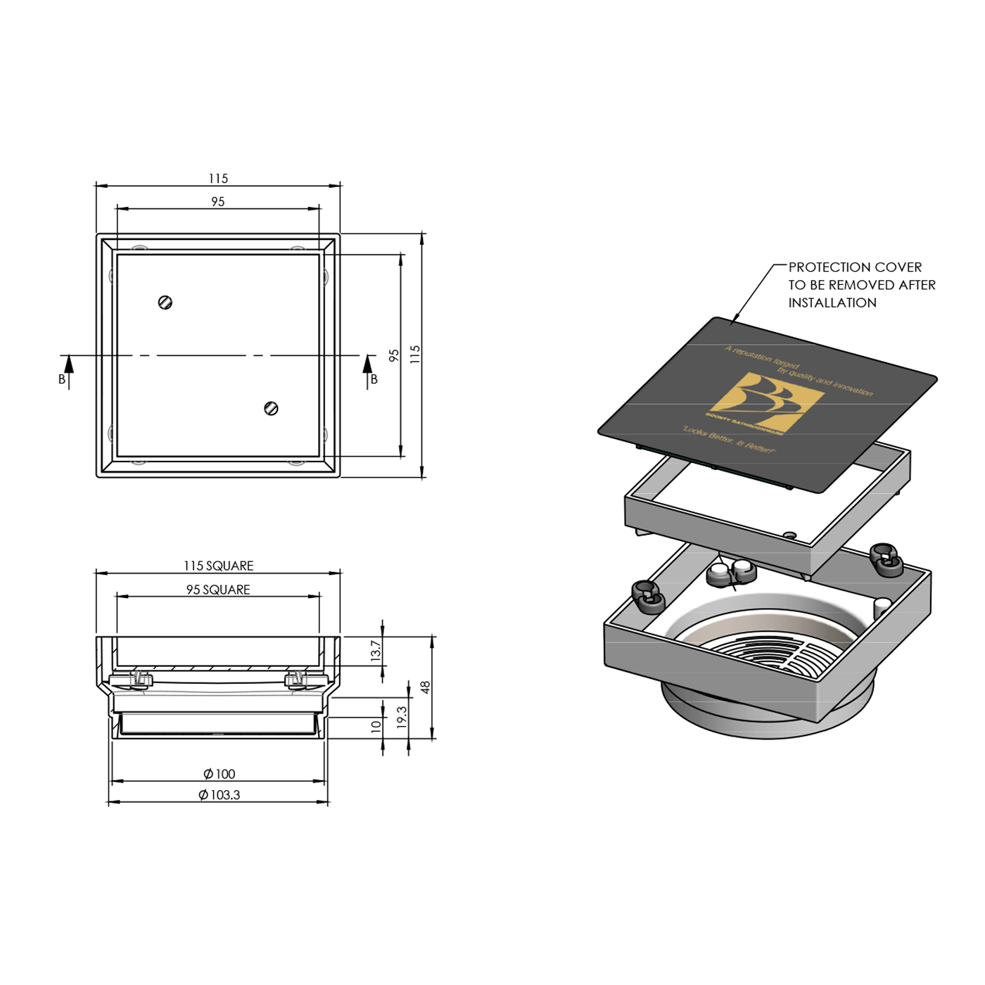 Bermuda Tile Insert Floor Waste 115x115mm – Sunlight Bathrooms