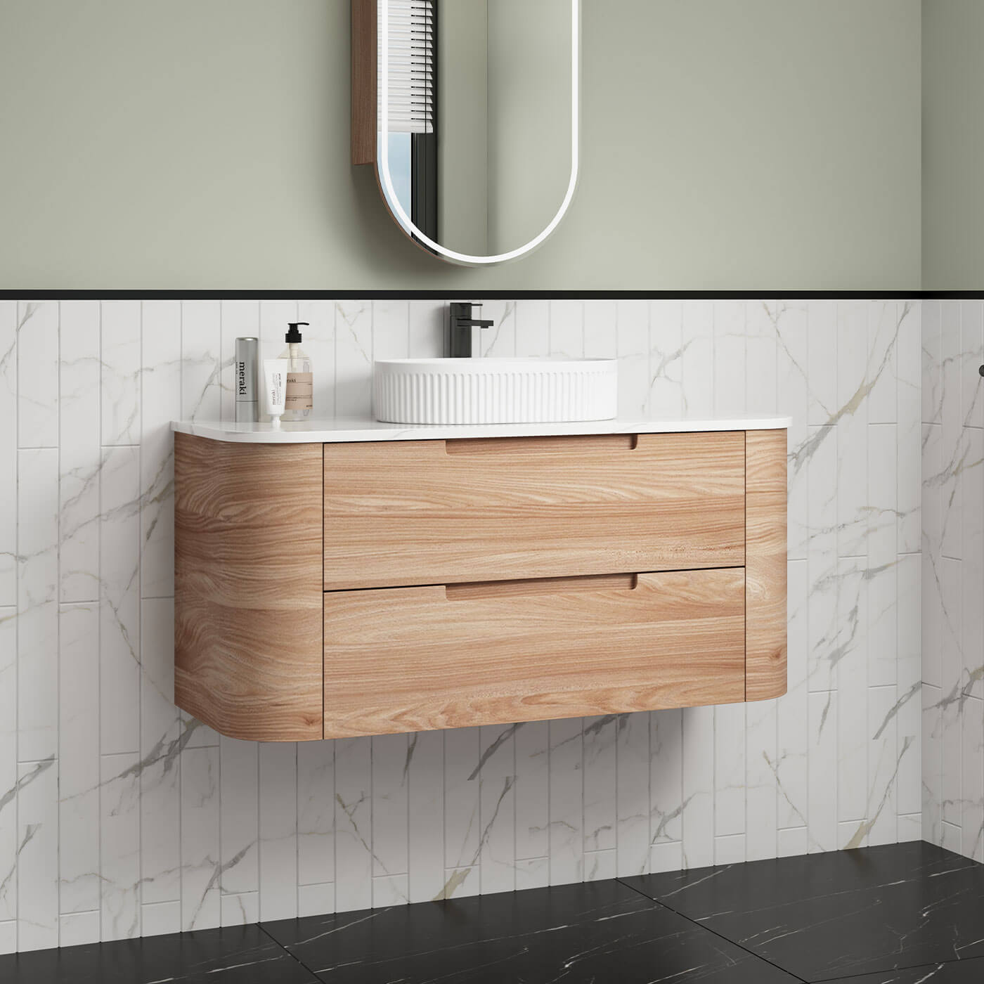 Briony Curved Timber Grain Wall Hung Vanity – Sunlight Bathrooms