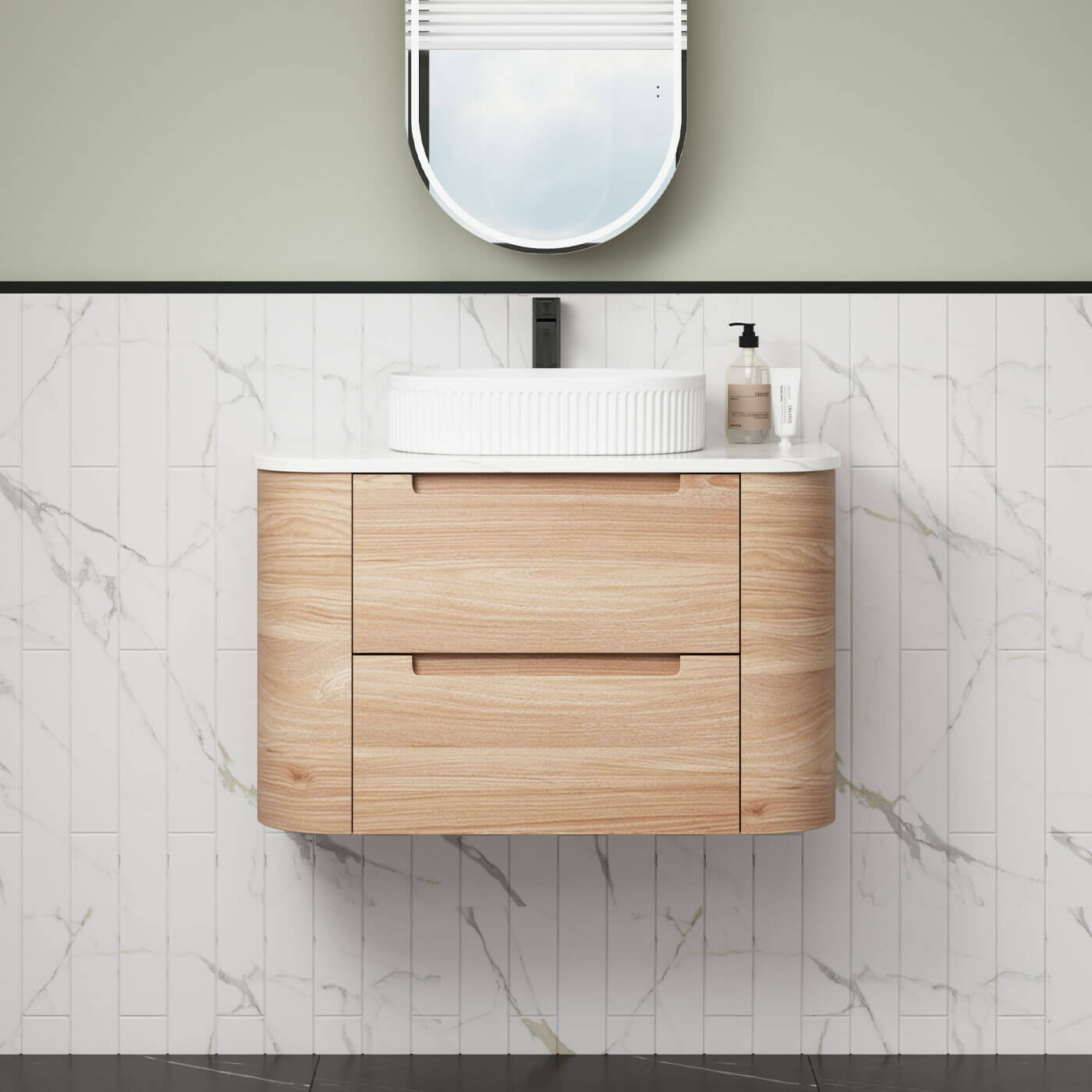 Briony Curved Timber Grain Wall Hung Vanity – Sunlight Bathrooms