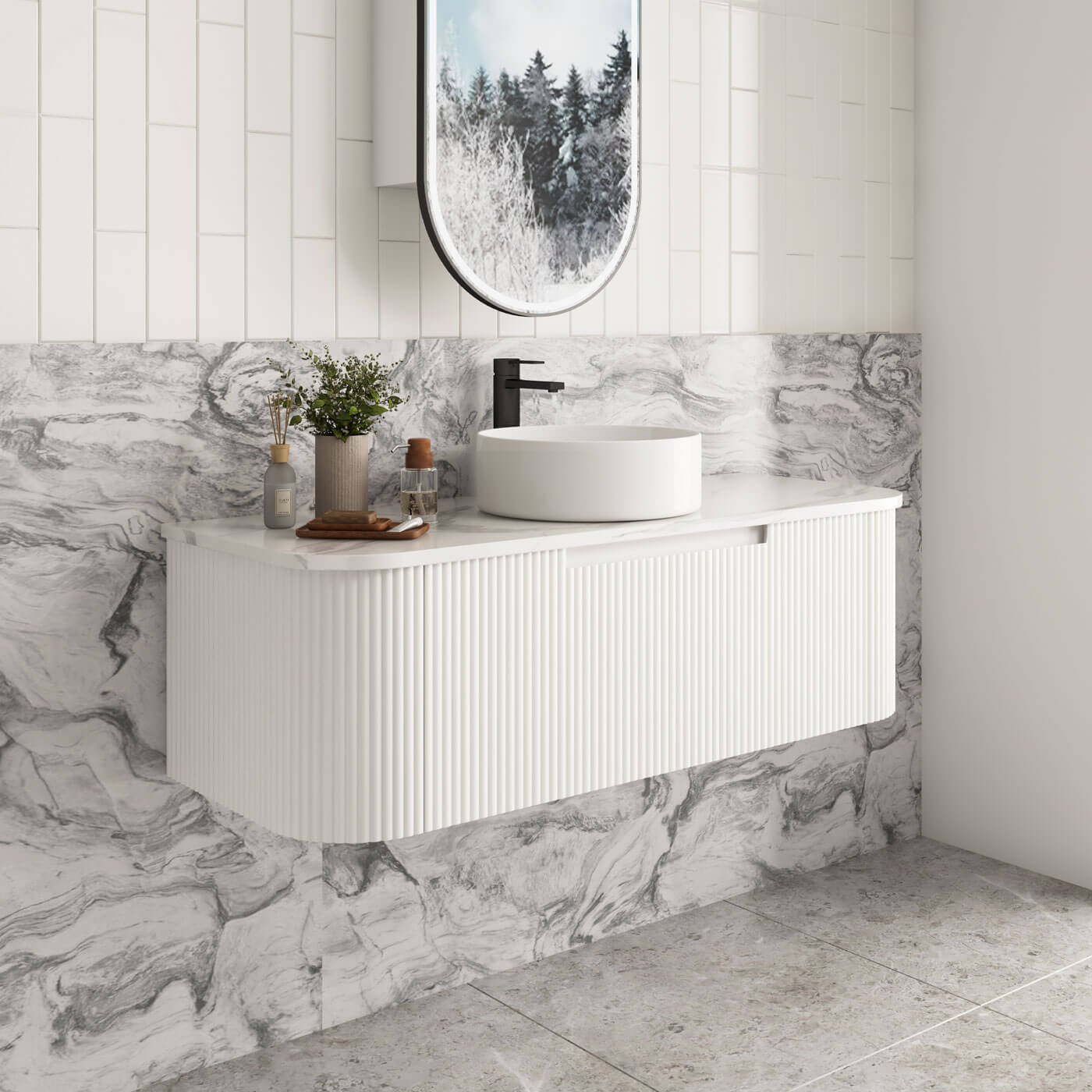 Savio Matte White Curved Wall Hung Vanity – Sunlight Bathrooms